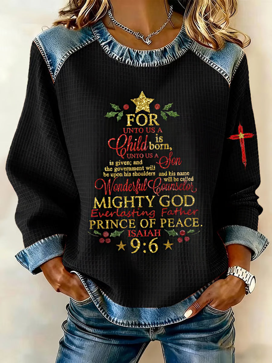 Women's Christian Christmas Faith Cross Print Denim Patchwork Top ...